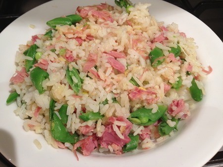 Fried rice with pulled ham hock, onion, sugar snap peas recipe | Eat ...