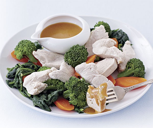 Poached chicken and vegetables with Thai peanut sauce recipe | Eat Your ...