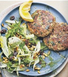 Sardine fish cakes with fennel, raisin & pine nut salad recipe | Eat ...