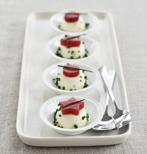Savory goat cheese panna cotta with canned cranberry jelly cut-outs ...