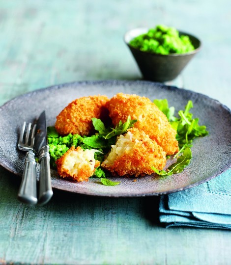 Smoked cheese and spud cakes with minted pea purée recipe | Eat Your Books