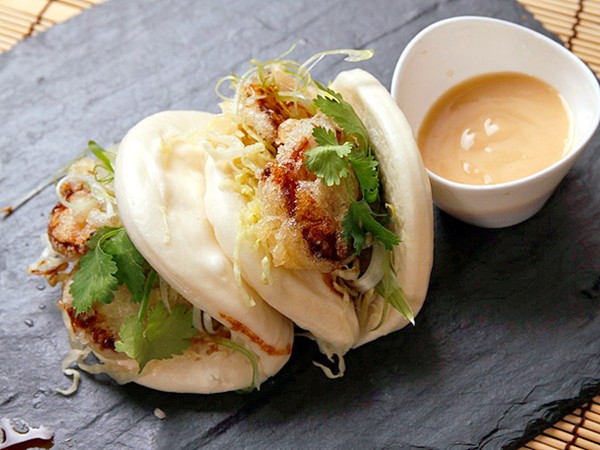 Steamed buns with tempura king oyster mushrooms and agave-miso ...