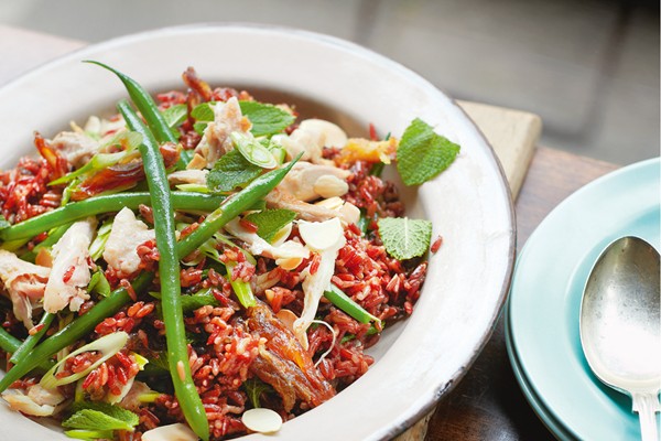 Warm red rice & chicken salad with green beans & dates recipe | Eat ...